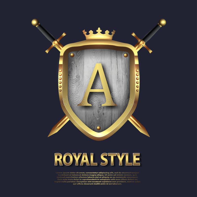 Two Crossed Swords And Shield With Crown And Letter A Letter Design In Gold Color For Uses As