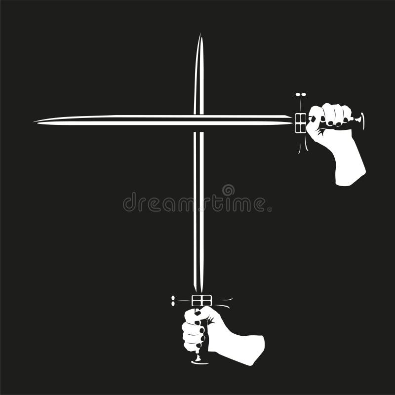 Two Crossed Swords in Their Hands. Vector Illustration. Black and White ...