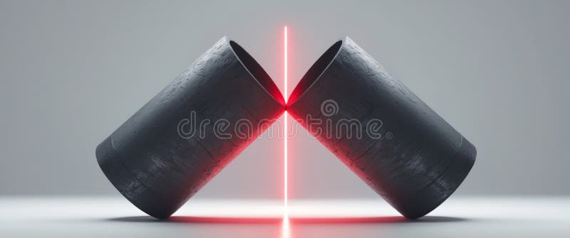 Two Crossed Textured Cylinders with Glowing Red Light on Display Stock ...