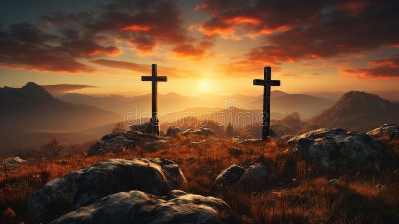 Two Crosses Silhouetted on Hill with Sunset Stock Image - Image of dusk ...