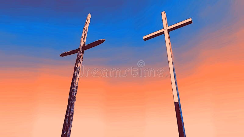 Two Crosses Stand High on the Hill To Symbolize Peace and Easter. Stock ...