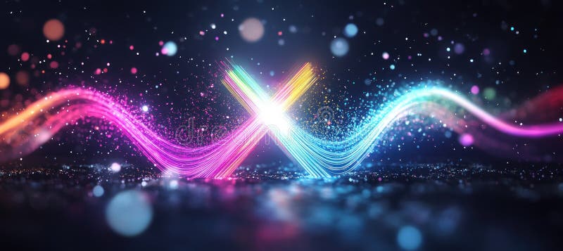 Two Crossing Light Trails Creating Glowing Particles on Dark Background ...