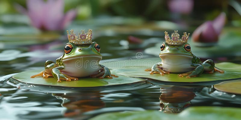 Two Crowned Frogs on Lily Pads in a Pond Stock Illustration ...