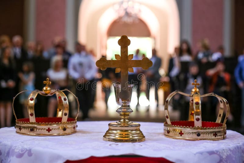 Two Crowns and Cross on White Table Prepared for Wedding. Orthodox ...