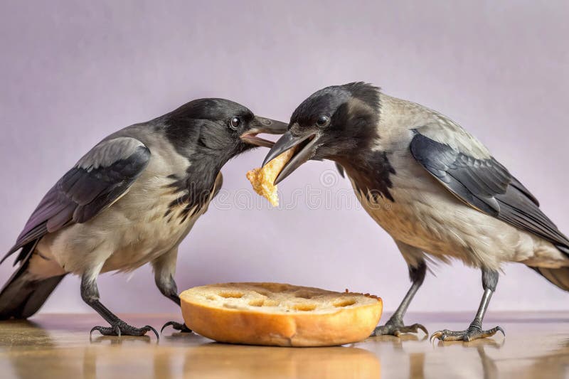 Two crows eat bread stock illustration. Illustration of raven - 340872774