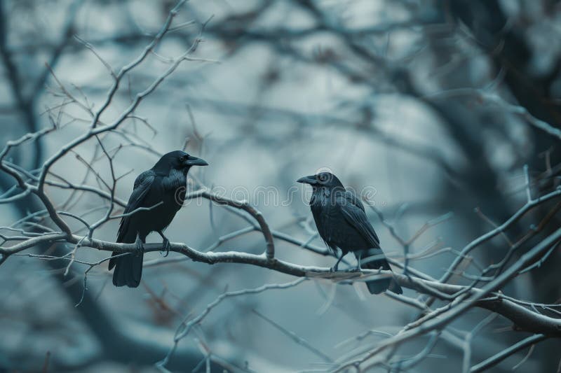 Two Crows Perched on Bare Branches in a Misty Forest, Crows Perched on ...