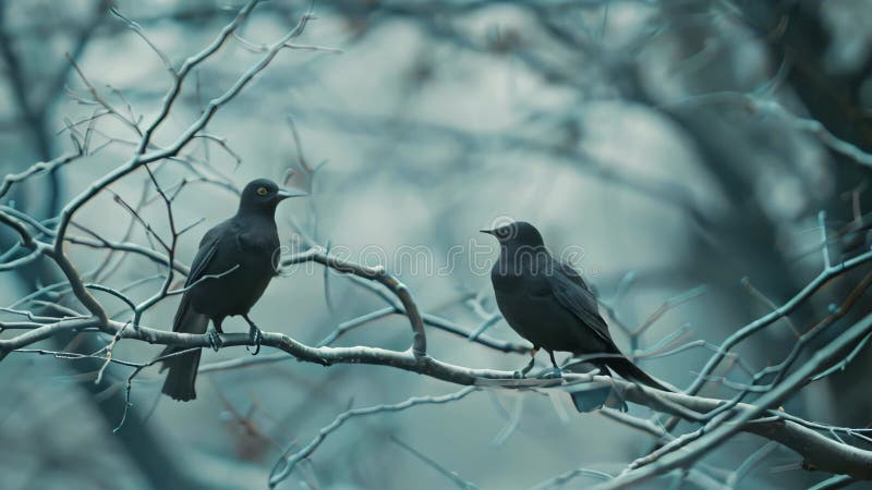 Two Crows Perched on Bare Branches in a Misty Forest, Crows Perched on ...