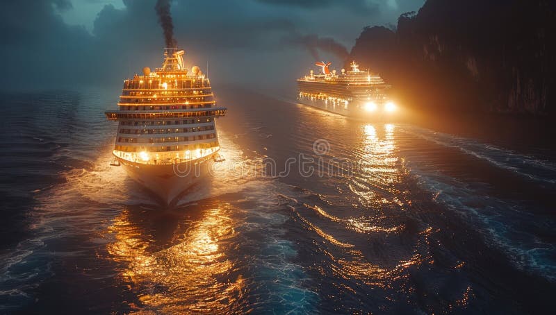 Two Cruise Ships Sailing on the Open Ocean at Night Stock Image - Image ...