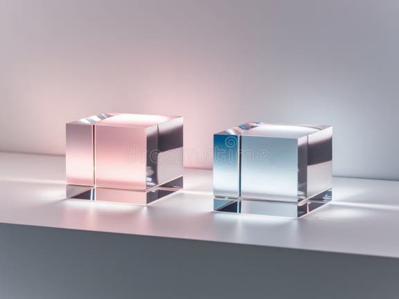 Two Crystal Clear Cubes Glowing with Pink and Blue Light. Stock Image ...