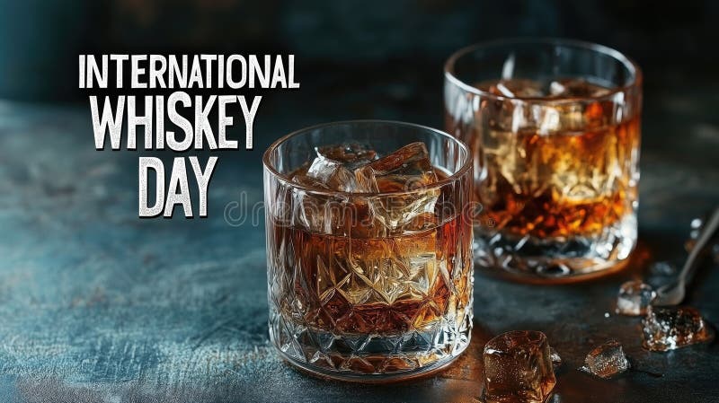 Two Crystal Glasses of Whiskey on Ice with Text for International ...