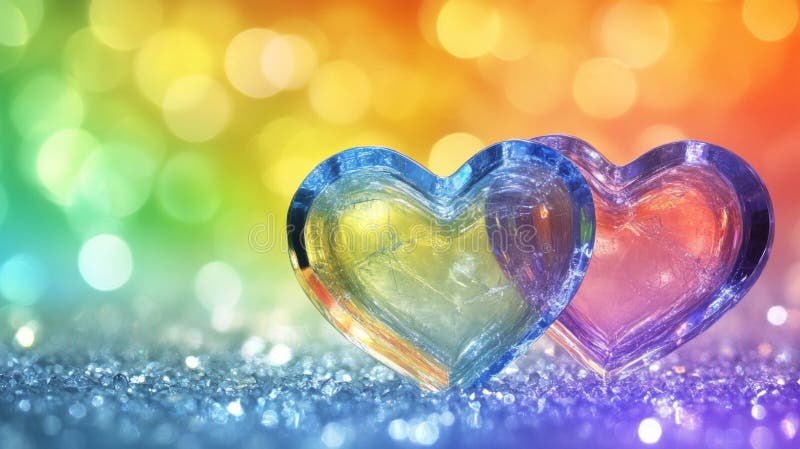 Two Crystal Hearts on Rainbow Glitter Background Stock Illustration ...