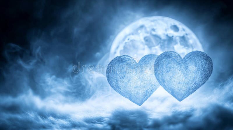 Two Crystal Hearts Under a Full Blue Moon Stock Illustration ...