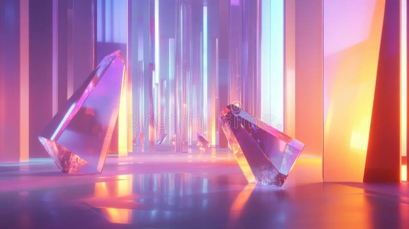 Two Crystal Prisms Reflecting Neon Light in a Glass Corridor Stock ...