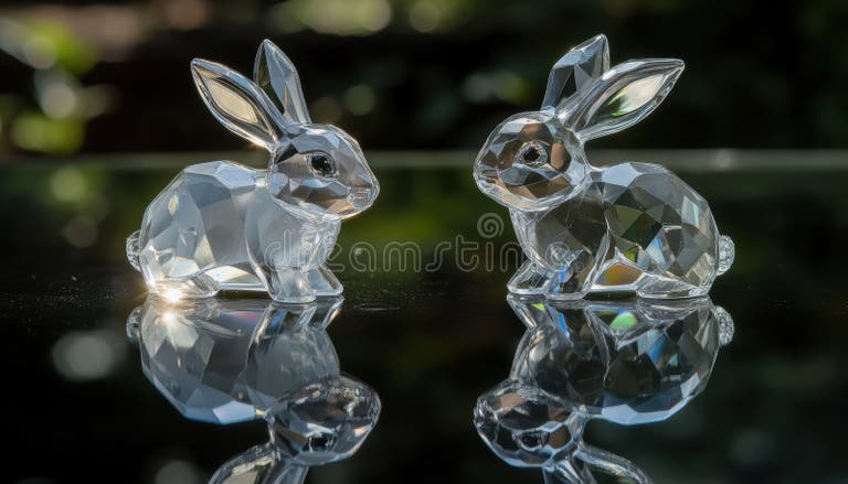 Two Crystal Rabbits Rest Elegantly on a Glass Table, Adding Charm To ...