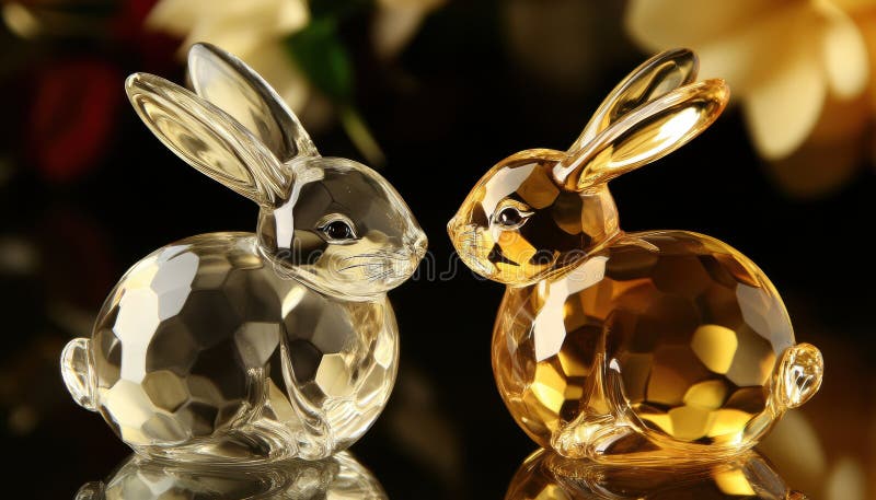 Two Crystal Rabbits Sit Side by Side on a Table, Capturing the Spirit ...