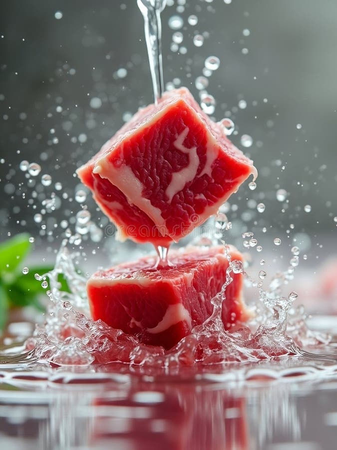 Two Cubes of Raw Beef Falling into Water Creating a Splash. Stock ...
