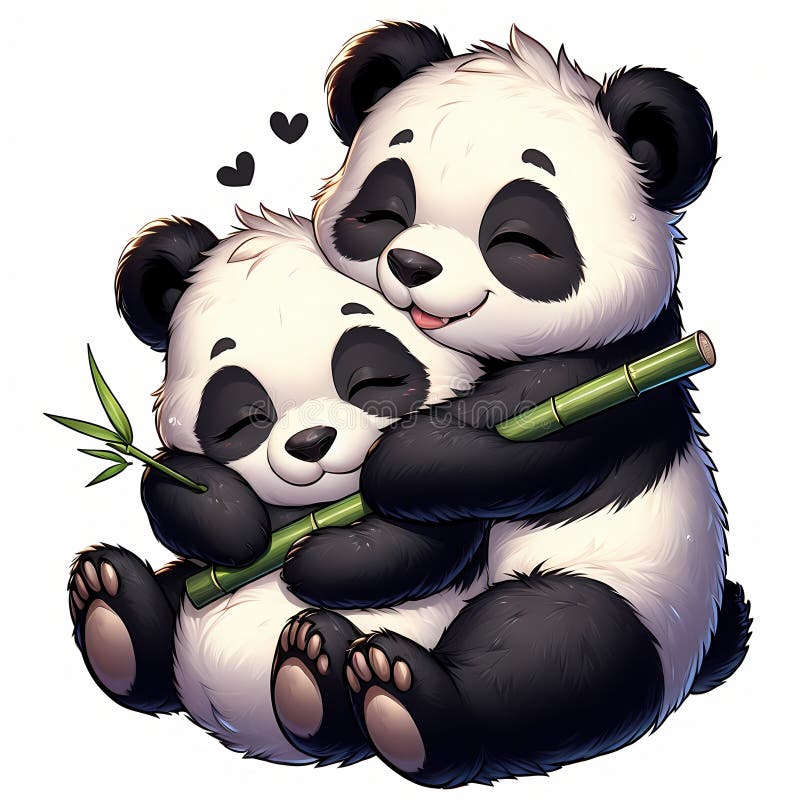 Two Cuddle Playfully Pandas In Love Struck One Panda Hug Its Partner With Bamboo Stalk Anime