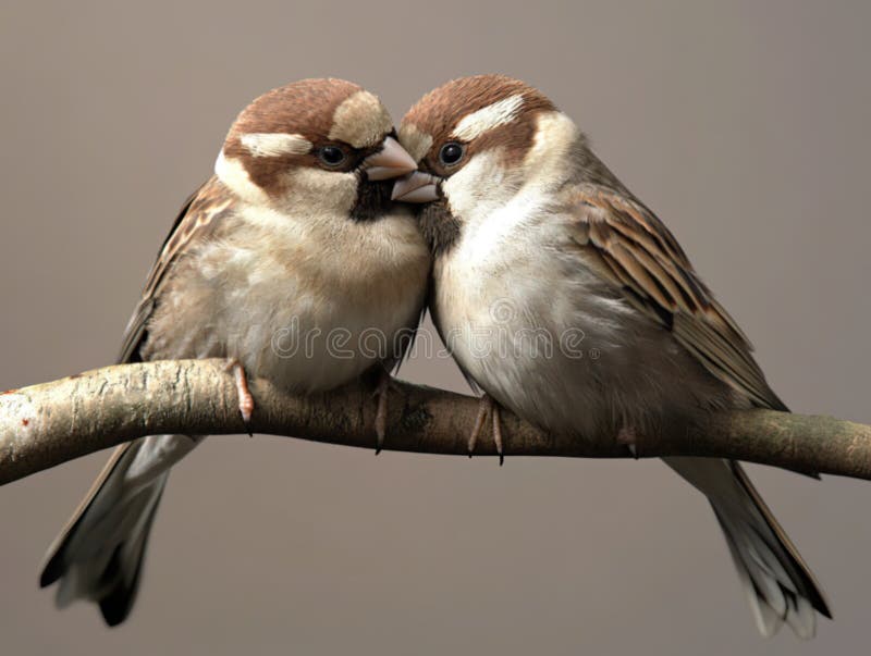 Two Cuddling House Sparrows on a Branch Stock Illustration ...