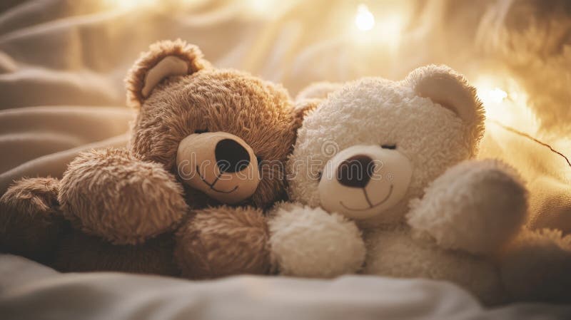 Two Cuddling Teddy Bears in a Soft, Glowing Bedtime Setting Stock Photo ...