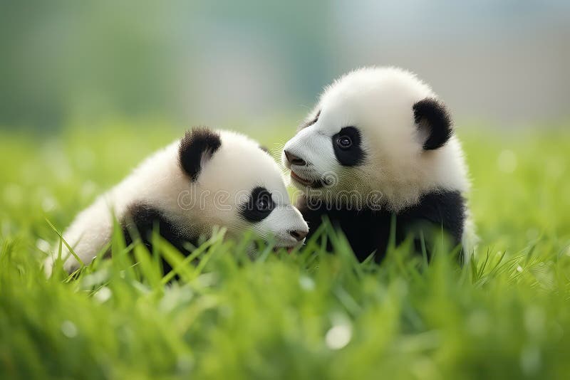Two Cuddly Panda Babies Playing in the Green Grass Stock Illustration ...