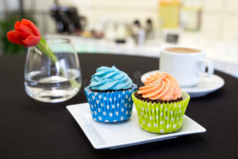 Two Cup Cakes in Colourful Paper Cases on Modern Plate and Cup O Stock ...