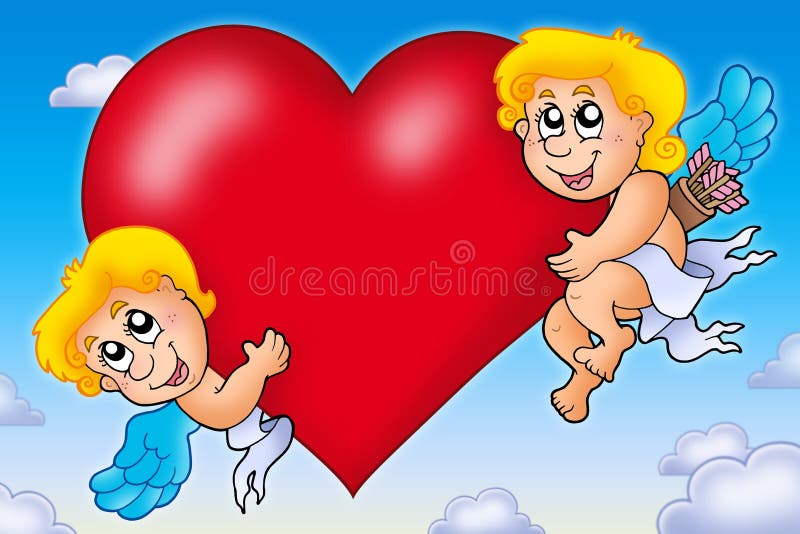 Two Cupids Holding Heart on Sky Stock Illustration - Illustration of ...