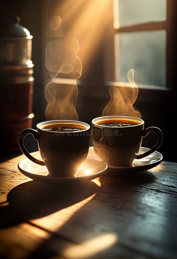 Two Cups of Aromatic Coffee Stand on the Table and a Ray of Sunshine ...