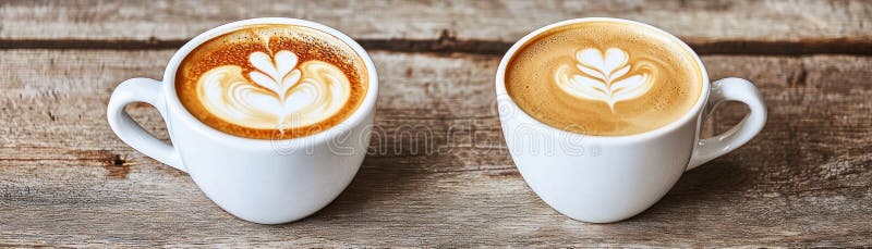 Two Cups of Beautifully Crafted Latte Art on a Rustic Wooden Table ...