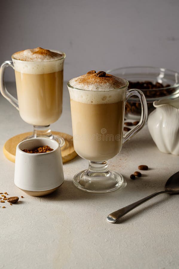 Two Cups with Coffee Drink, Latte or Mocha with Milk Foam and Cinnamon ...
