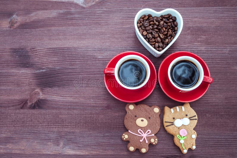 Two Cups of Coffee, a Heart with Coffee Beans and Biscuits in the Form ...
