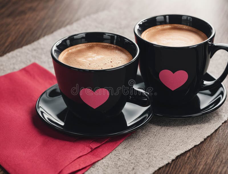 Two Cups of Coffee with Hearts on Them Sit on a Table Stock Image ...