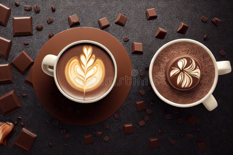 Two Cups of Coffee and Hot Cocoa with Pieces of Chocolate Bar on Gray ...