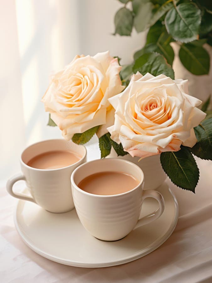 Two Cups of Coffee with Milk and Bouquet of Cream Roses. Stock ...