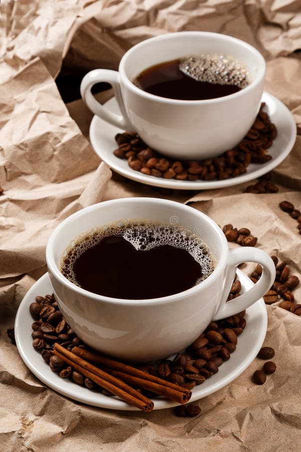 Two Cups of Coffee Over Paper Stock Photo - Image of nutrition ...