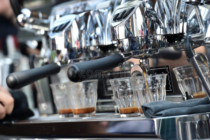 Two Cups of Coffee Placed on the Espresso Machine. Fresh Coffee. Stock ...