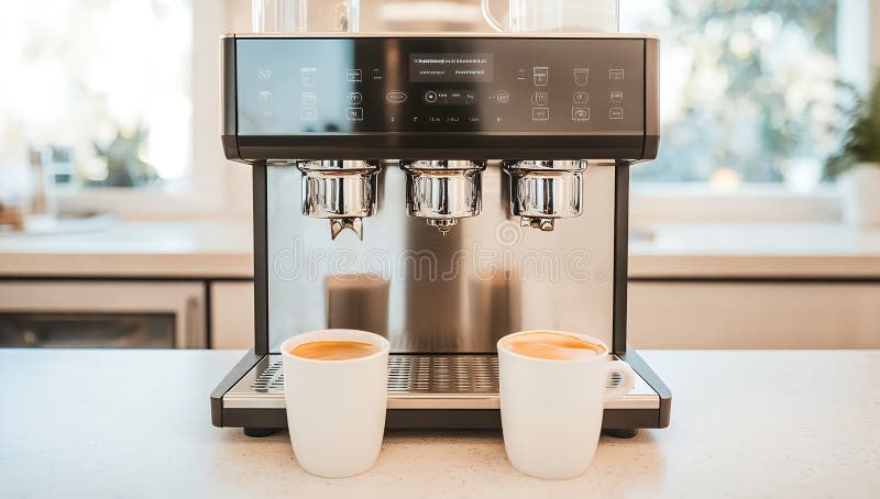 Two Cups of Coffee Sit on a Counter beside a Sleek, Modern Espresso ...