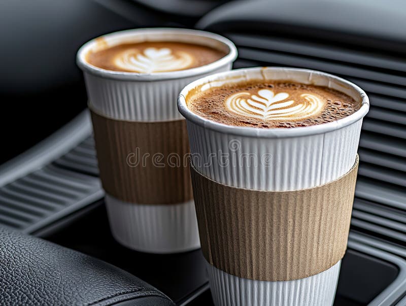 Two Cups of Coffee Sitting on Top of a Car Dashboard Stock Photo ...