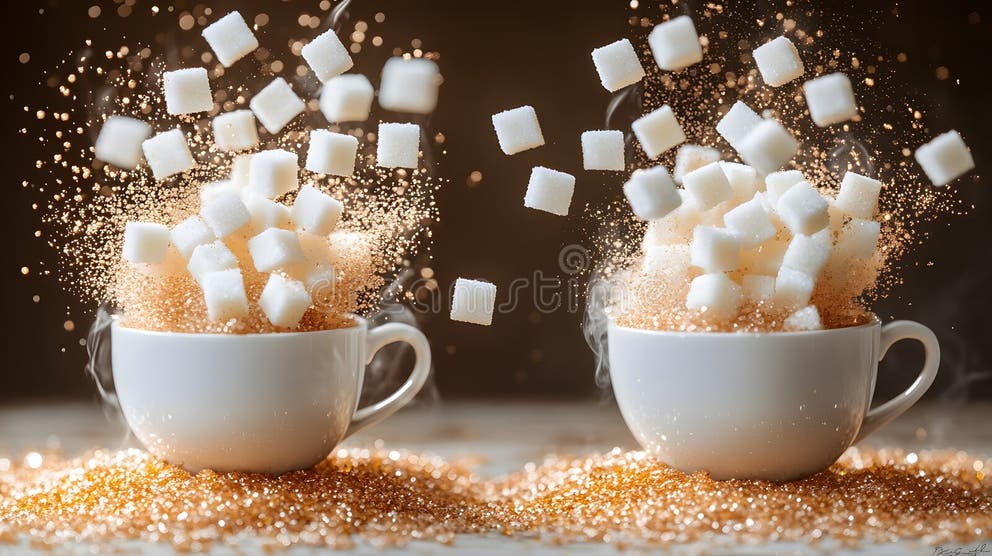 Two Cups of Coffee with Sugar Cubes Exploding Golden Sugar Background ...