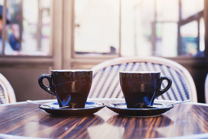 Two Cups of Coffee on the Table in Cafe Stock Image - Image of europe ...