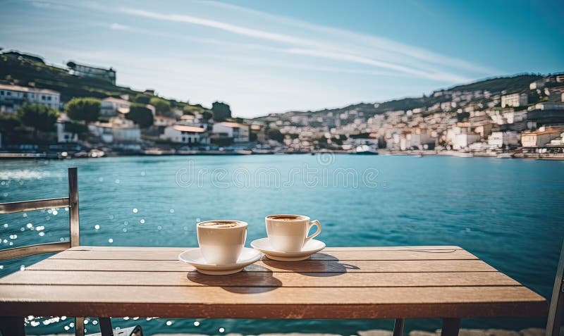 Two Cups of Coffee on a Table Overlooking the Water Stock Illustration ...