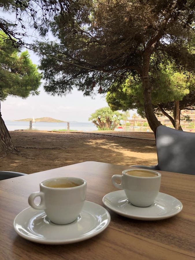 Two Cups of Coffee on Table with Seaview Stock Photo - Image of pines ...