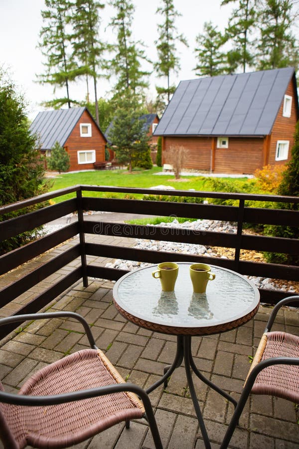 Wooden Table Two Cups Coffee Background Mountains Forest Stock Photos ...