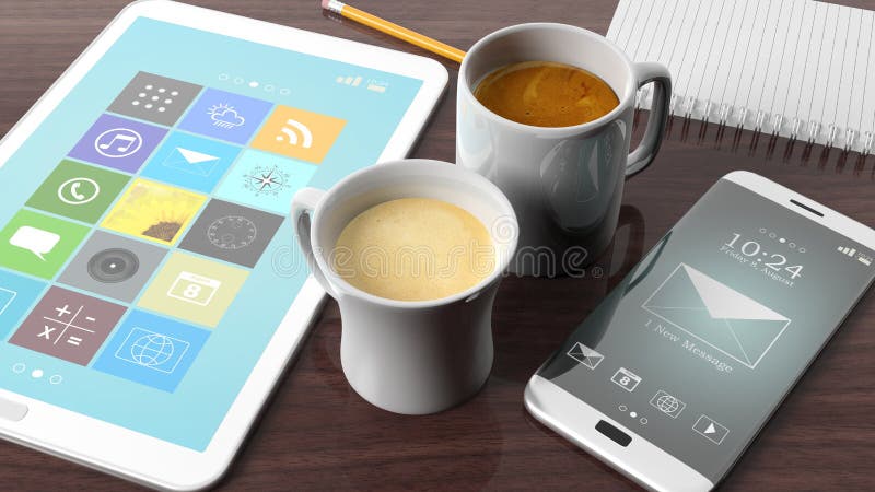 Two Cups With Coffee, Tablet, Smartphone,notepad And Pencil Stock ...