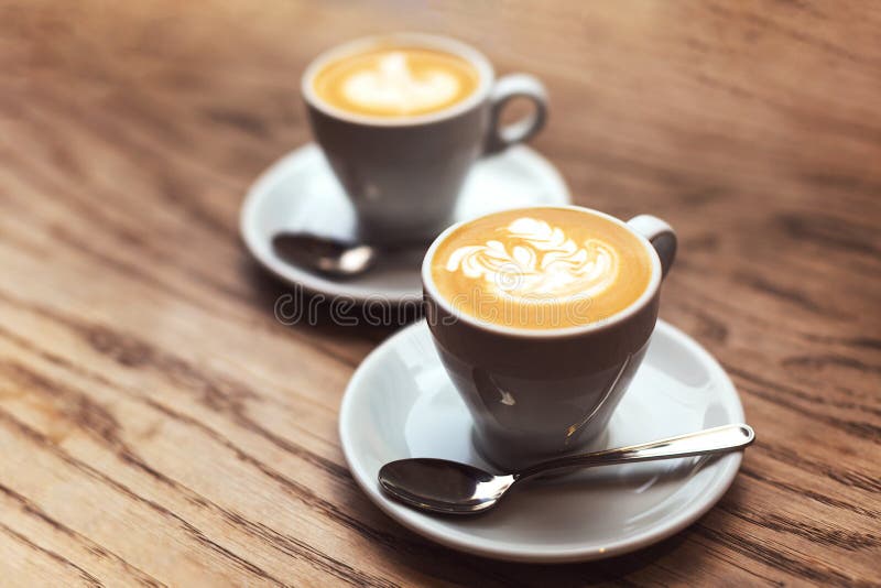 Two Cups of Coffee on Wood Table Stock Photo - Image of relax, heart ...