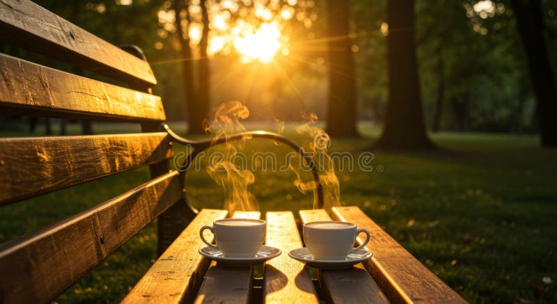 Two Cups of Coffee on a Wooden Bench at Sunrise in a Park Stock ...