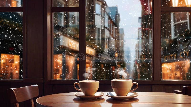 Two Cups of Coffee on a Wooden Table in a Winter Cafe Setting, Snow ...