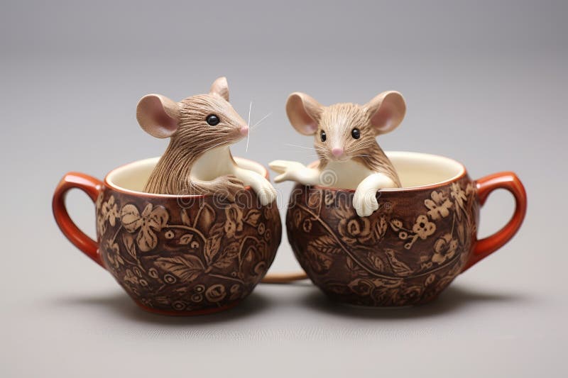 Two Cups with Two Decorative Mouses Inside. Mouse Statuette. Isolated ...
