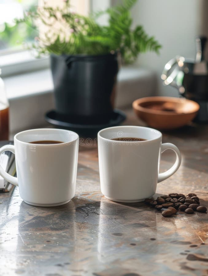 Two Cups of Coffee Resting on a Wooden Table Surface. Generative AI ...
