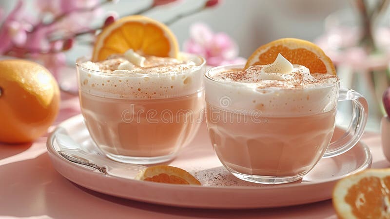 Two Cups Filled with Liquid Resting on Plate Stock Image - Image of ...