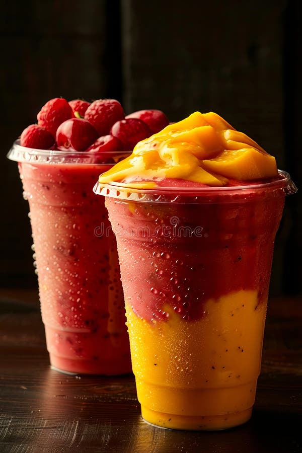 Two Cups of Fruity Smoothies on a Wooden Table Stock Image - Image of ...